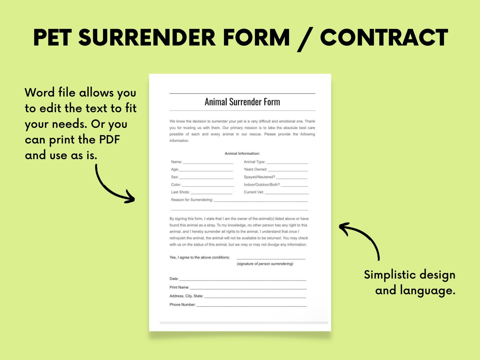 Pet / Dog / Cat Surrender Form for Shelters, Rescues, and Individuals ...